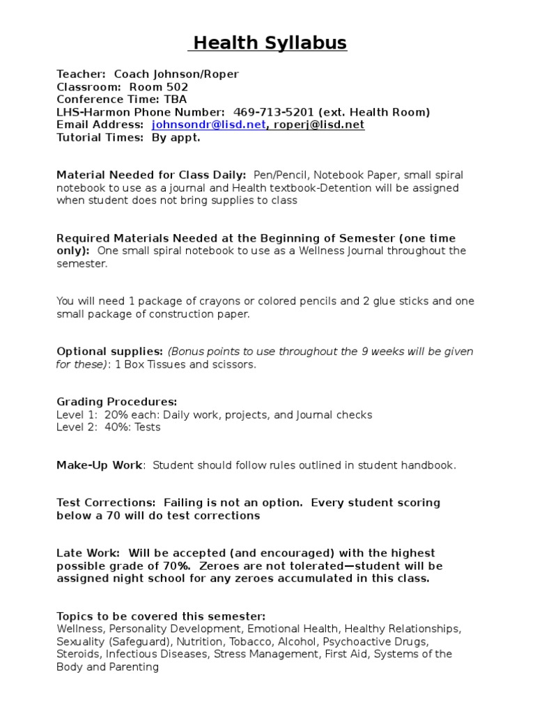 Health Syllabus Johnson | PDF | Classroom | Schools