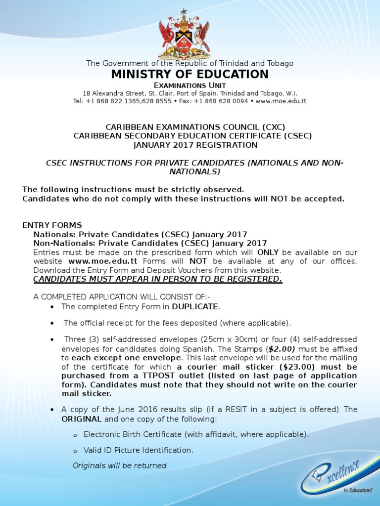 CSEC January 2017 Private Candidate Guide | PDF | Career & Growth