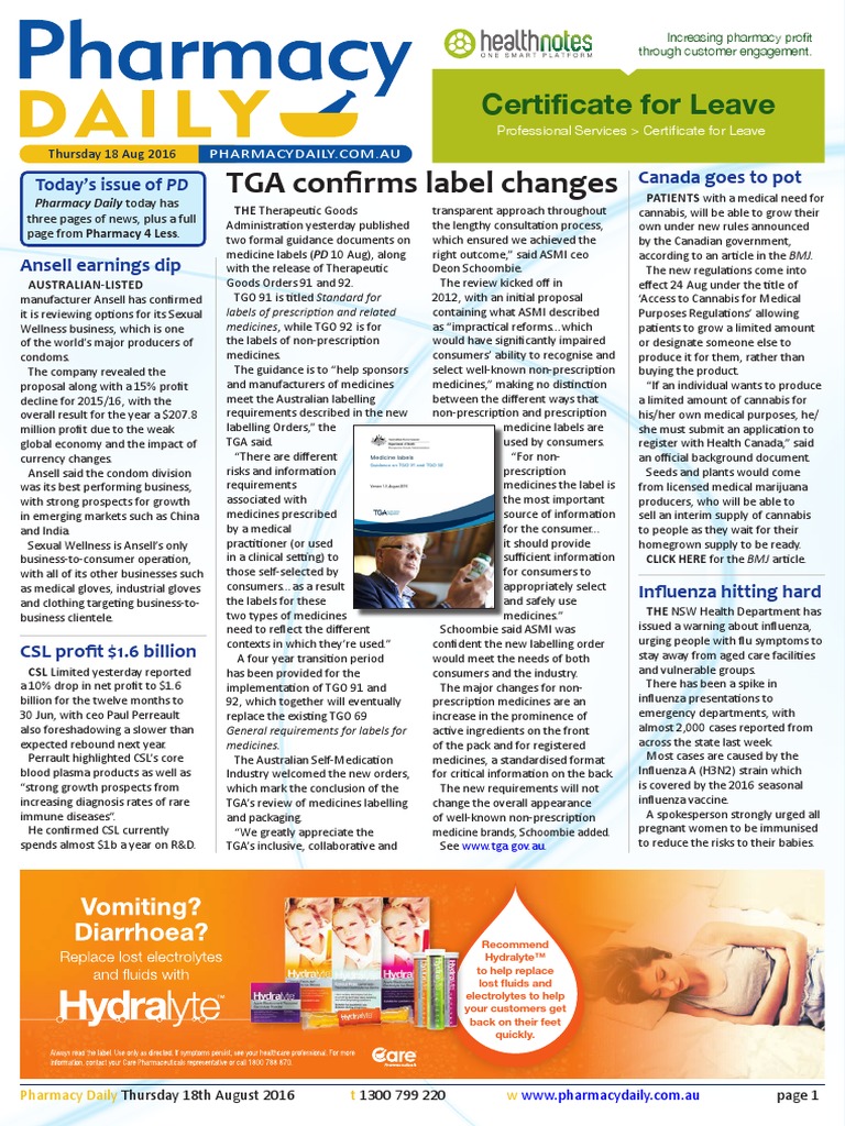 Pharmacy Daily For Thu 18 Aug 2016 - TGA Confirms Label Changes, CSL ...