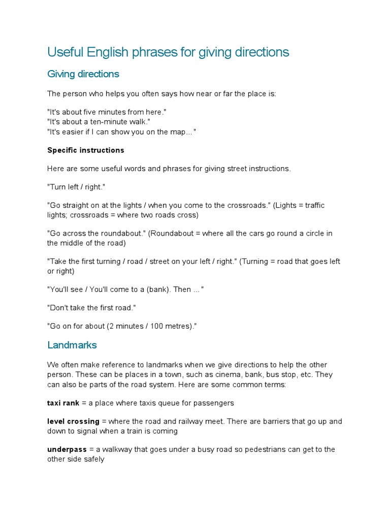 Useful English Phrases For Giving Directions | PDF