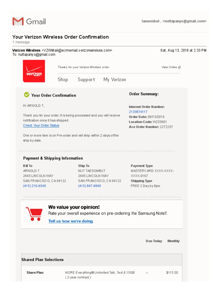 Gmail - Your Verizon Wireless Order Confirmation | PDF | Usb | Fee