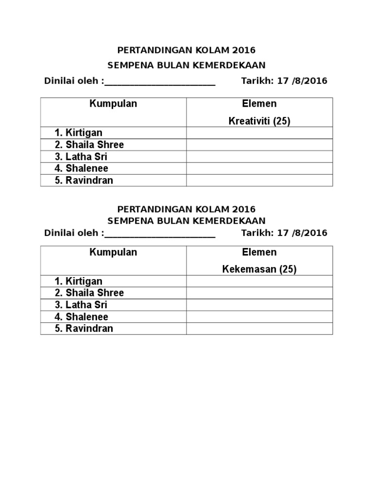 Pertandingan Kolam Merdeka 2016 | PDF