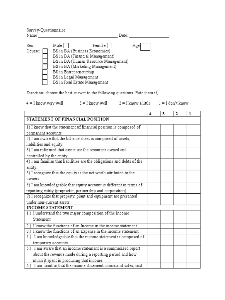 Survey Questionnaire Edited | PDF | Balance Sheet | Income Statement