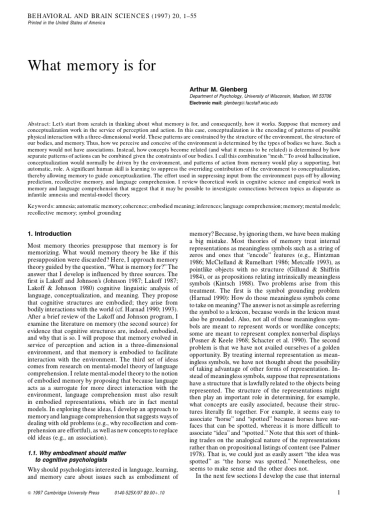 1997 Glenberg What Memory Is For | PDF | Embodied Cognition | Memory