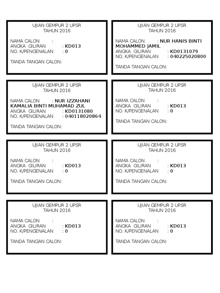 Label Meja Ujian Gempur | PDF