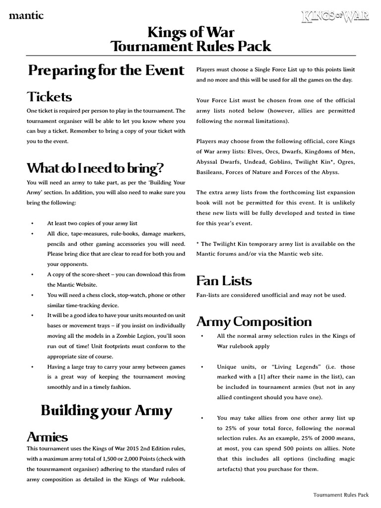 Kings of War Tournament Rules Pack | PDF | Gaming | Unrest