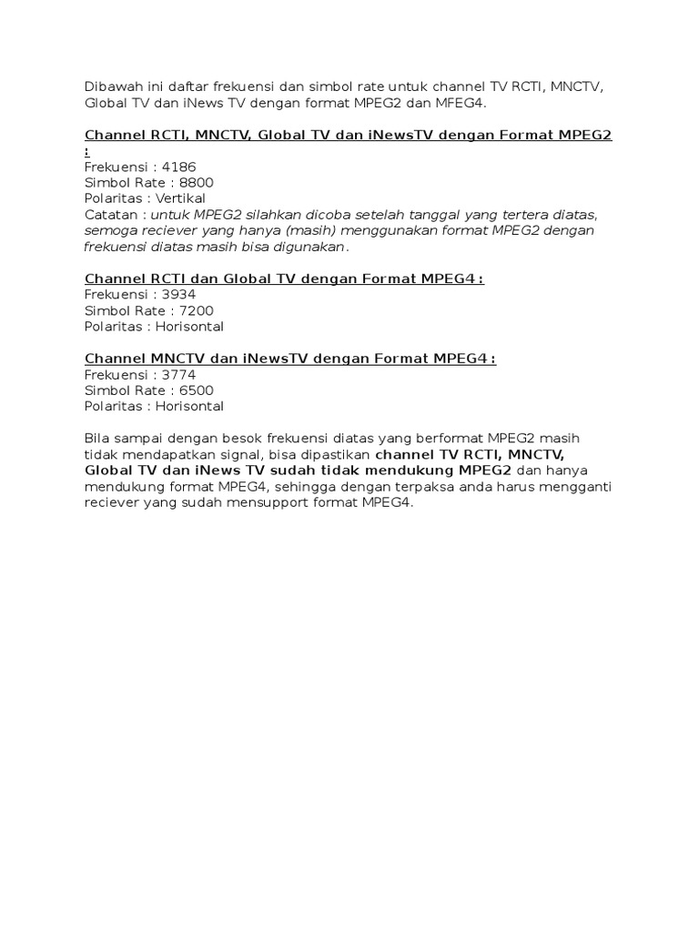 Dibawah Ini Daftar Frekuensi Dan Simbol Rate Untuk Channel TV RCTI | PDF