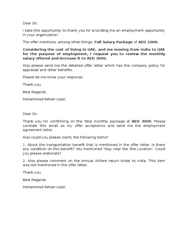Negotiation Letter With Employer | PDF