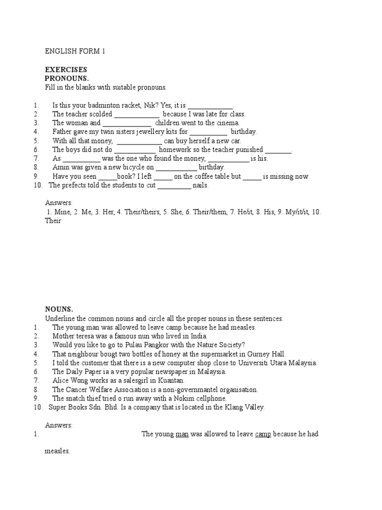 English Form 1 | Download Free PDF | Pronoun | Syntax