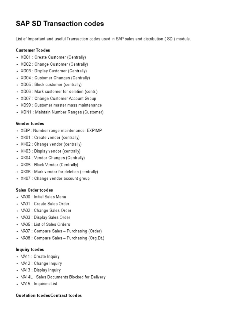 SAP SD Transaction Codes | PDF | Receipt | Computing