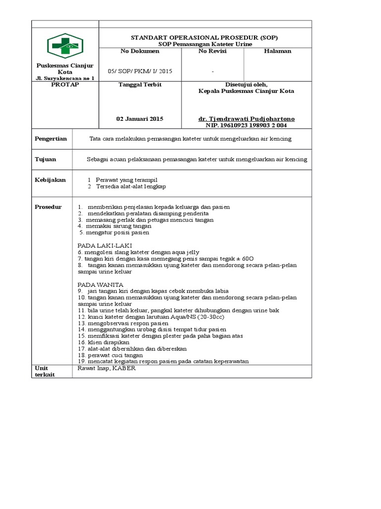 SOP Pemasangan Kateter Urine | PDF