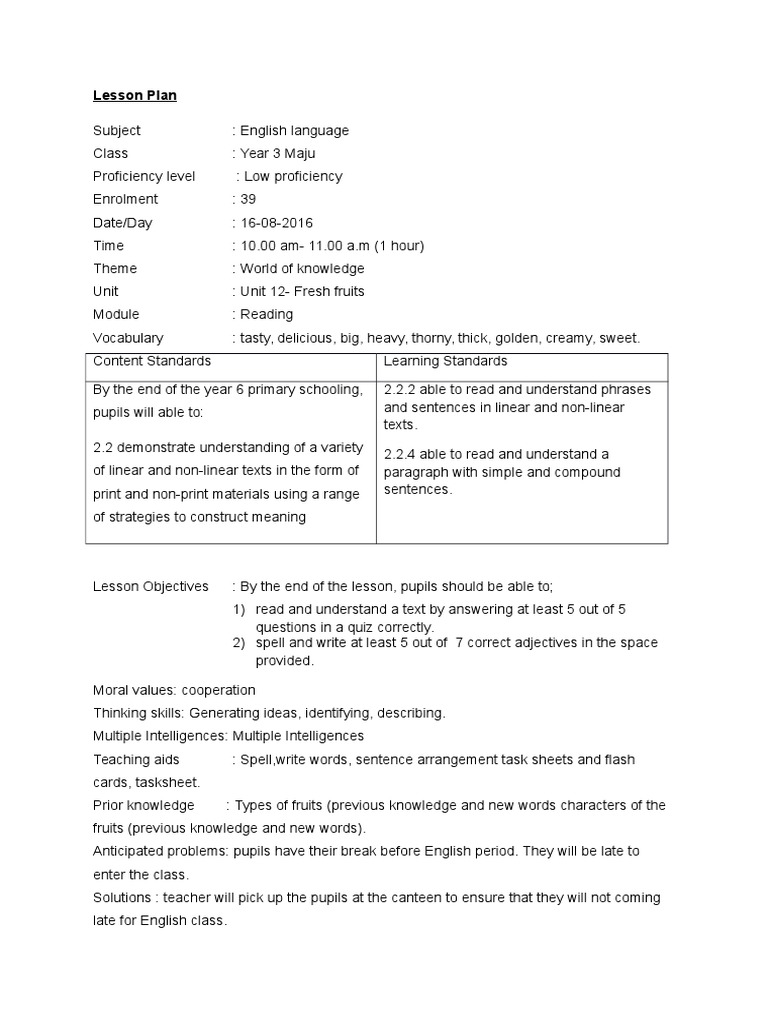 Lesson Plan Unit 12: Fresh Fruits | Download Free PDF | Lesson Plan ...