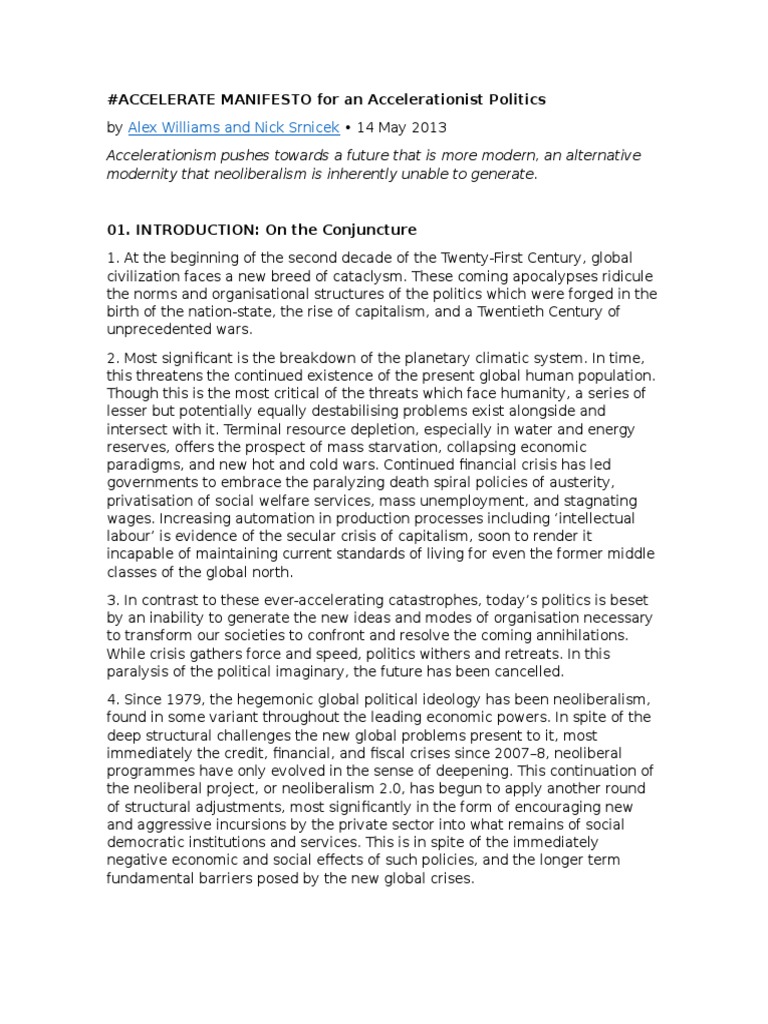 ACCELERATE MANIFESTO For An Accelerationist Politics | PDF ...
