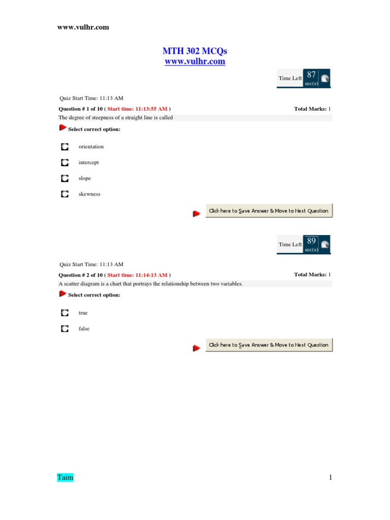 Mth302 Mcqs Pdf Correlation And Dependence Statistical Analysis