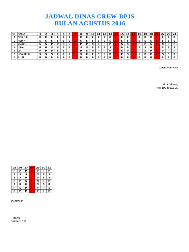 Jadwal Dinas Crew Bpjs Bulan Agustus 2016: No Nama 1 Sisiliyah 2 Herik 3 Yayuk 4 Icha 5 Lia 6 ...