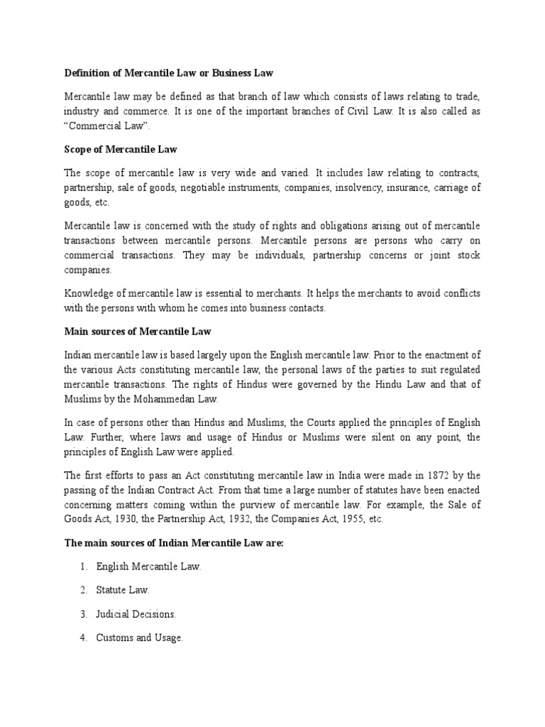 Definition of Mercantile Law or Business Law | PDF | English Law ...