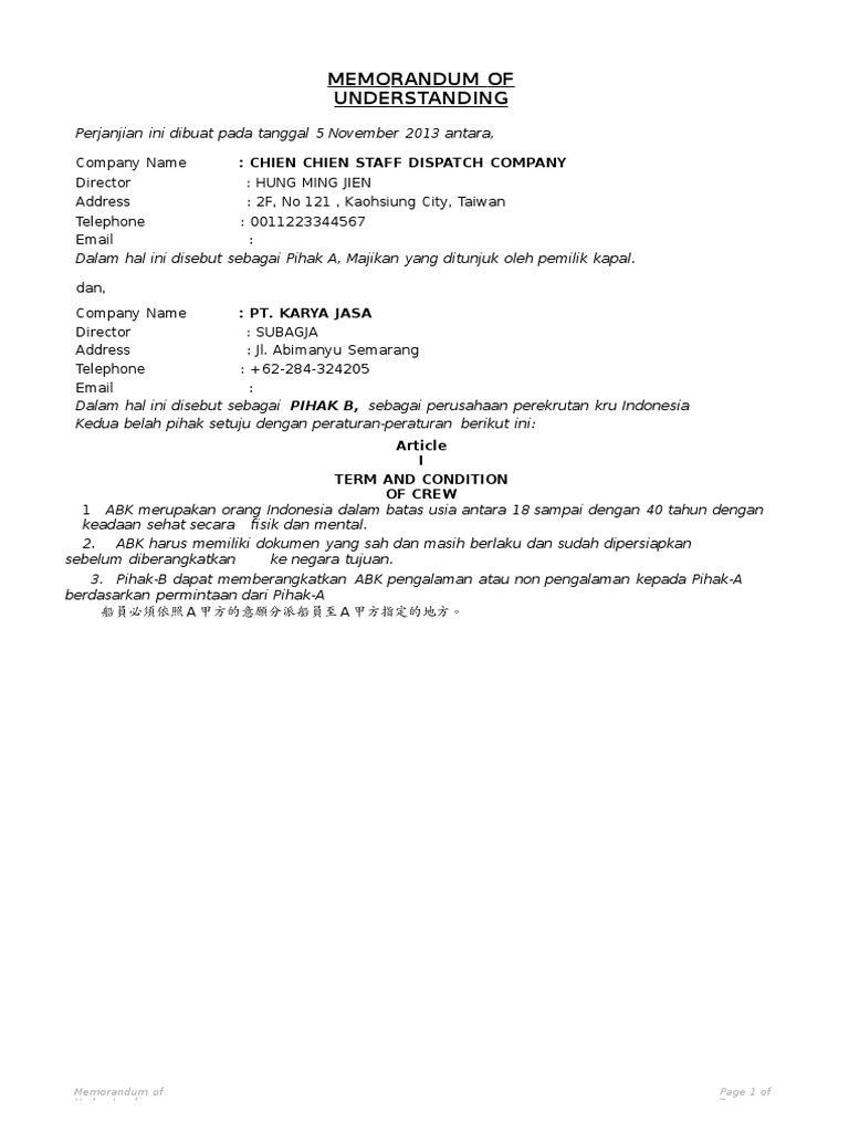 Contoh Surat Kerja Sama MOU | PDF
