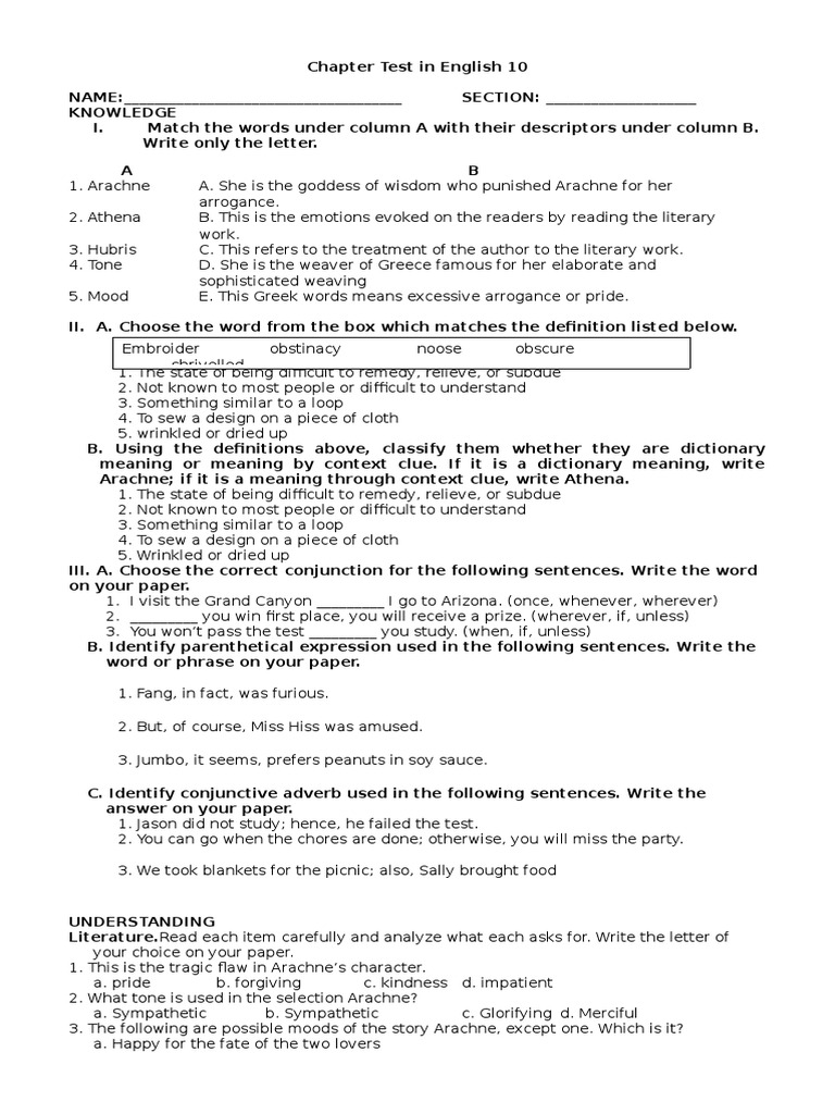 Chapter Test in English 10 (Lesson 4, Module 1) | PDF | Athena