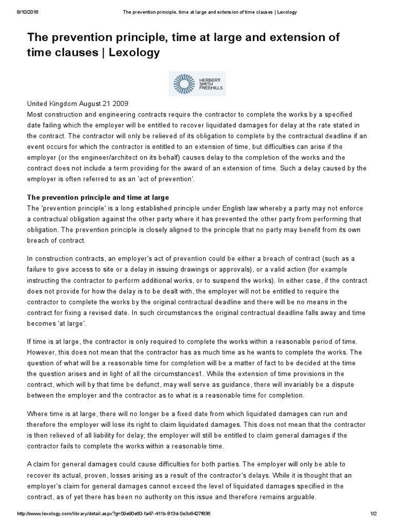 The Prevention Principle, Time at Large and Extension of Time Clauses ...