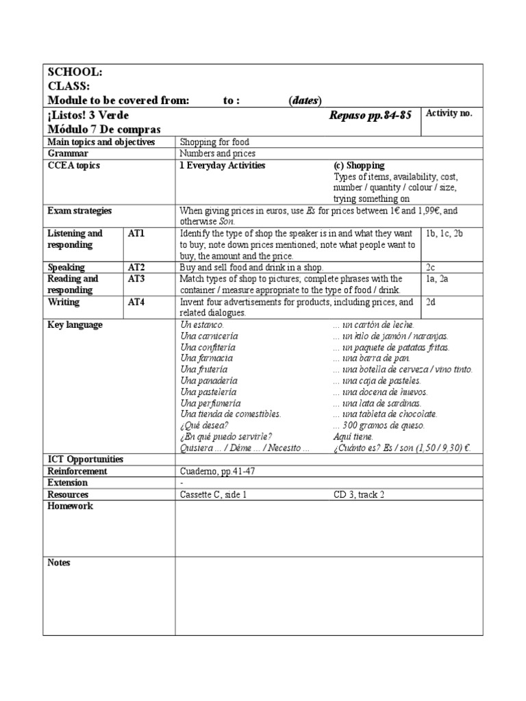 School: Class: Module To Be Covered From: To: (Dates) ¡Listos! 3 Verde ...