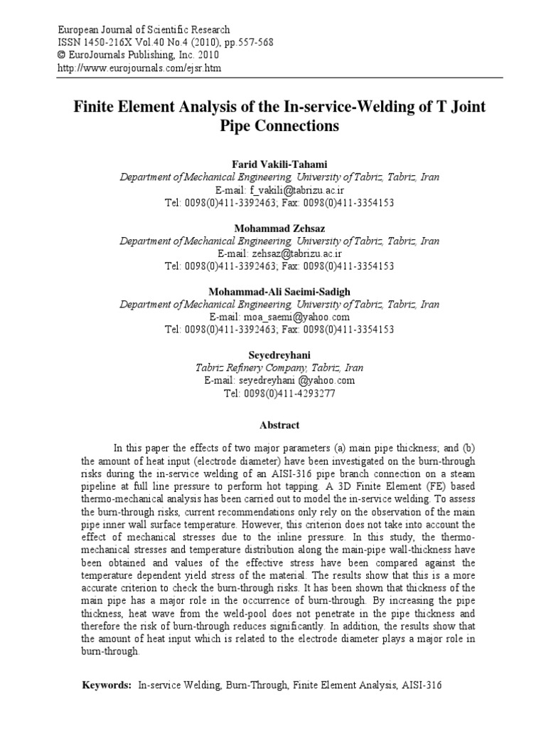 Finite Element Analysis of The In-Service-Welding of T Joint Pipe Connection | PDF | Pipe (Fluid ...