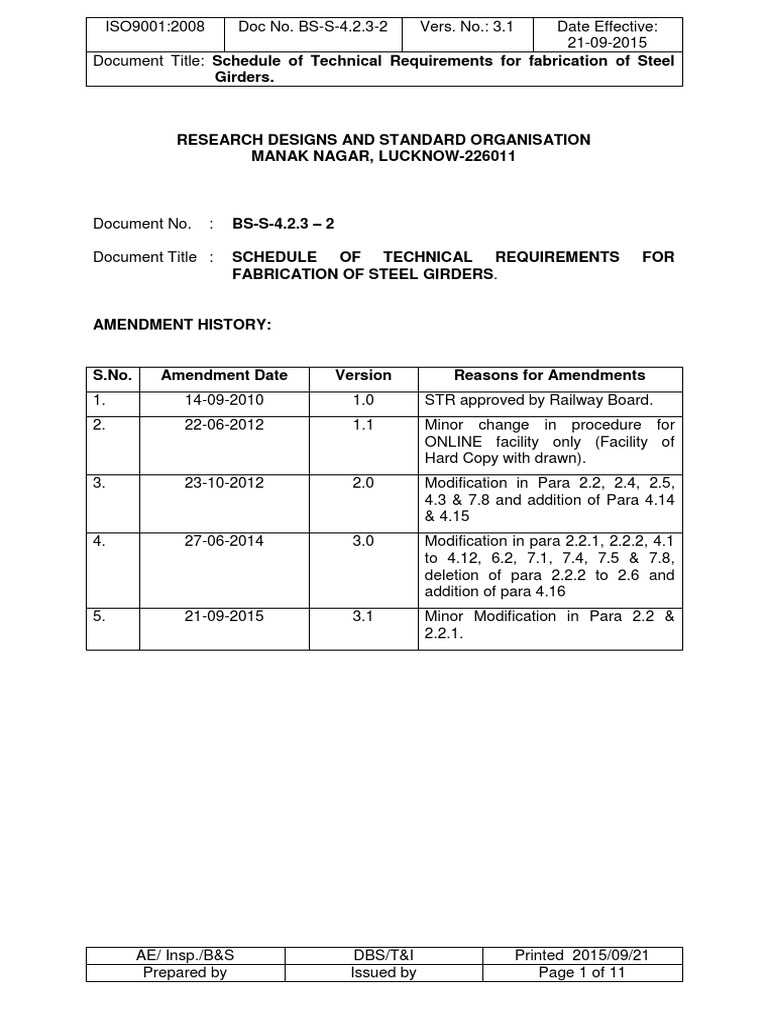 ISO - Schedule of Technical Requirements For Fabrication of Steel ...