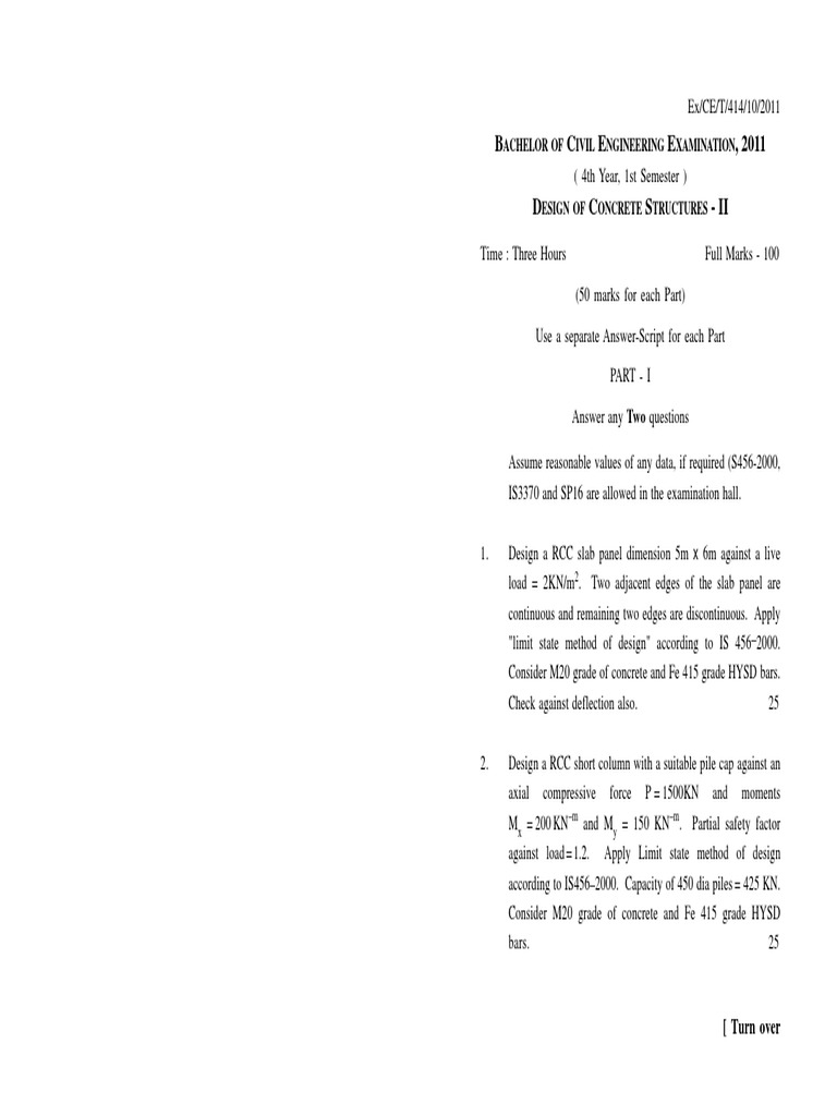 Design of Concrete Structures Question Paper | PDF | Bending | Beam ...