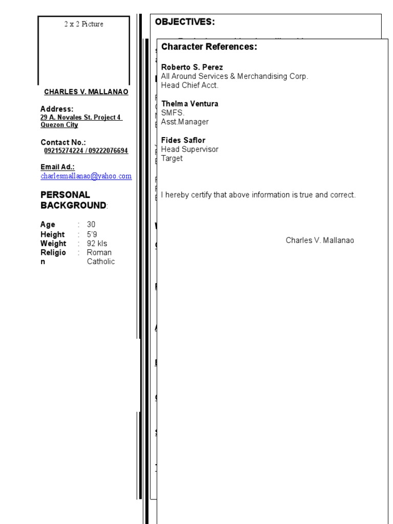 Objectives: Character References:: Roberto S. Perez | PDF | Career ...