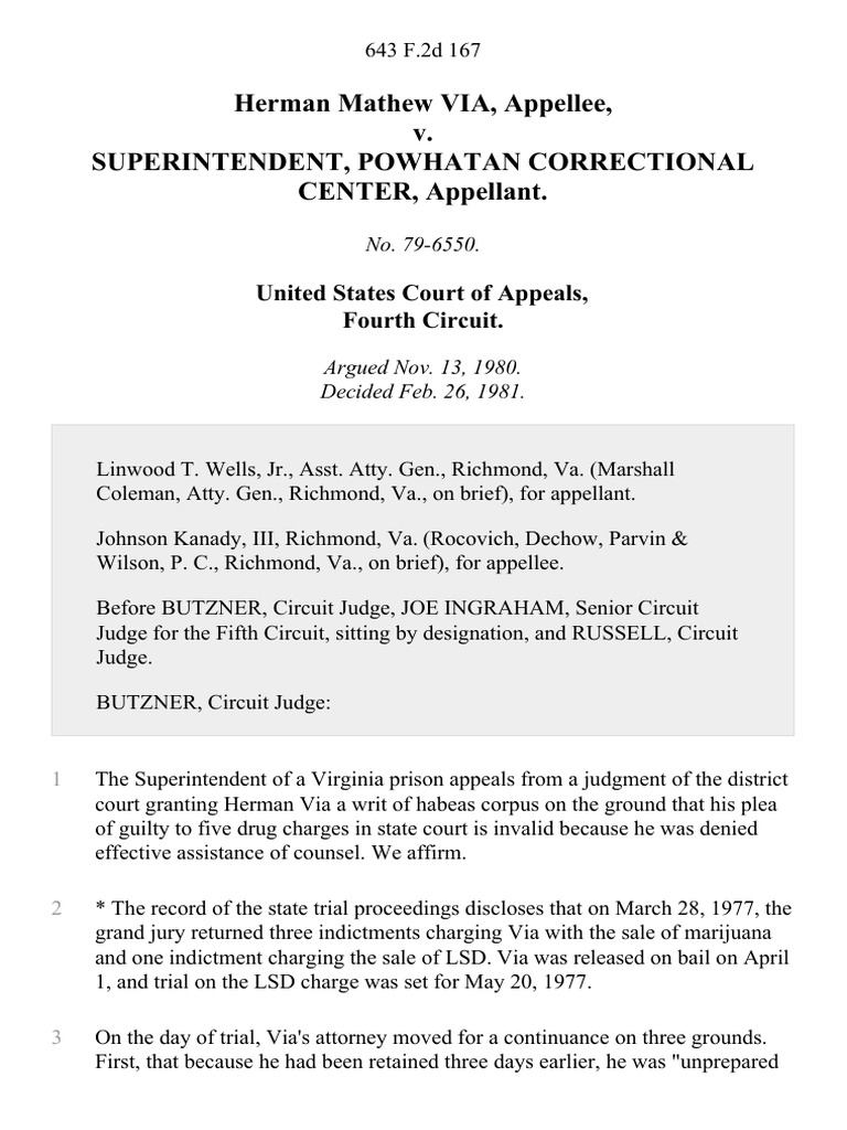 Herman Mathew Via v. Superintendent, Powhatan Correctional Center, 643 ...