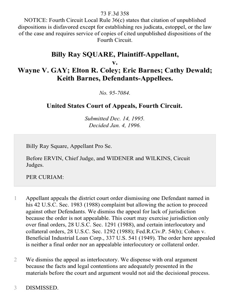 Billy Ray Square v. Wayne v. Gay Elton R. Coley Eric Barnes Cathy ...