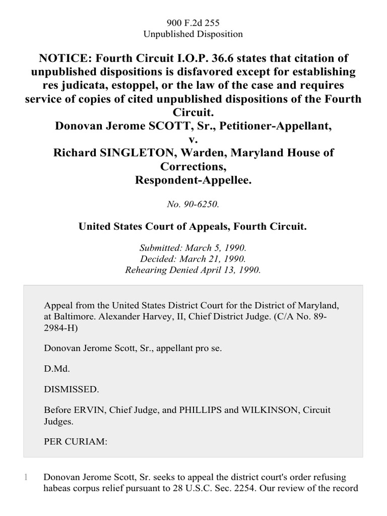 Donovan Jerome Scott, Sr. v. Richard Singleton, Warden, Maryland House ...