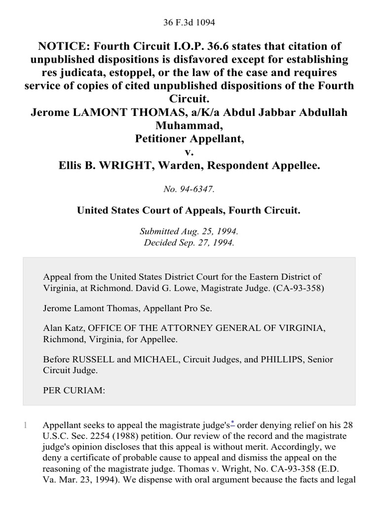 Jerome Lamont Thomas, A/K/A Abdul Jabbar Abdullah Muhammad v. Ellis B ...