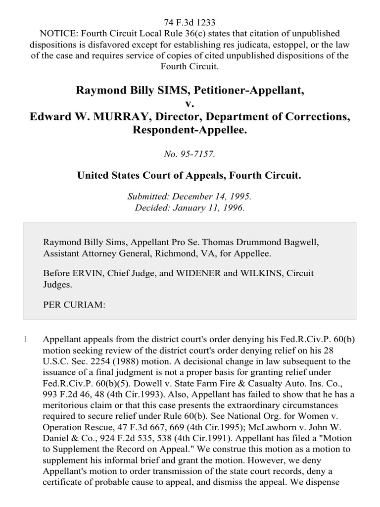 Raymond Billy Sims v. Edward W. Murray, Director, Department of ...