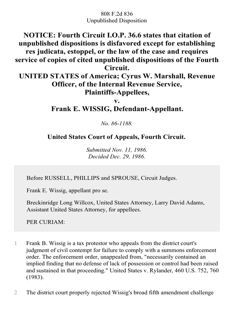 United States of America Cyrus W. Marshall, Revenue Officer, of The ...