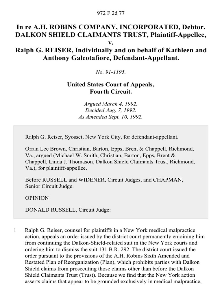 In Re A.H. Robins Company, Incorporated, Debtor. Dalkon Shield Trust v ...