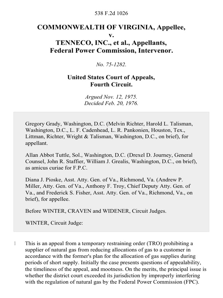 Commonwealth of Virginia v. Tenneco, Inc., Federal Power Commission ...