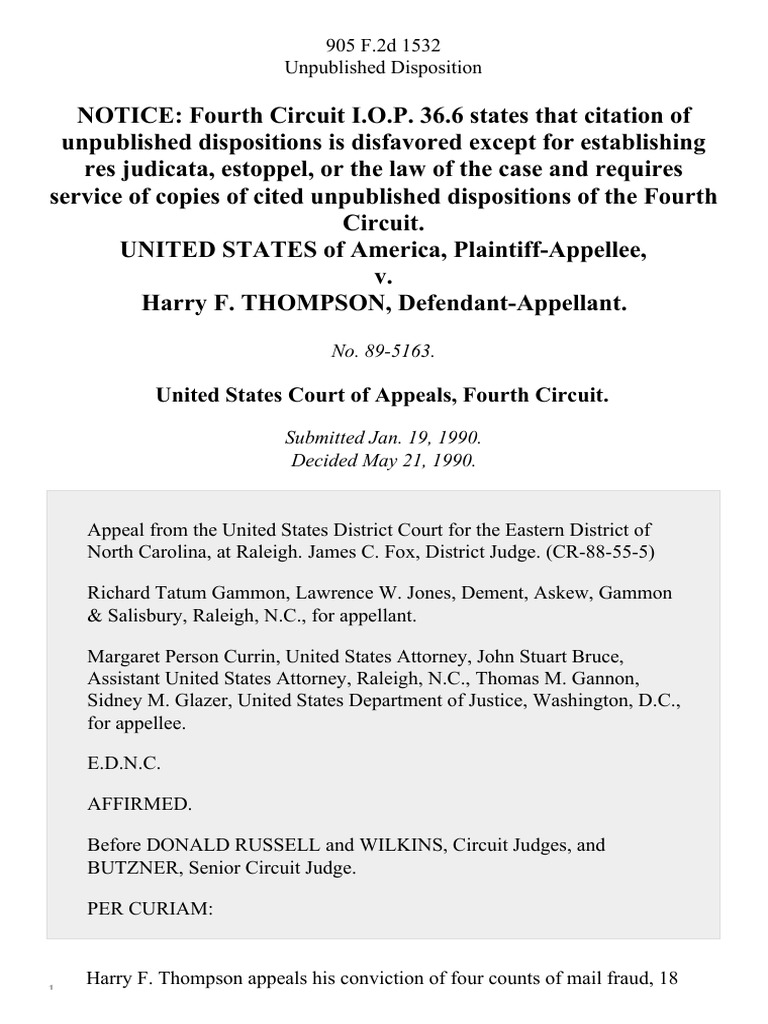 United States v. Harry F. Thompson, 905 F.2d 1532, 4th Cir. (1990 ...