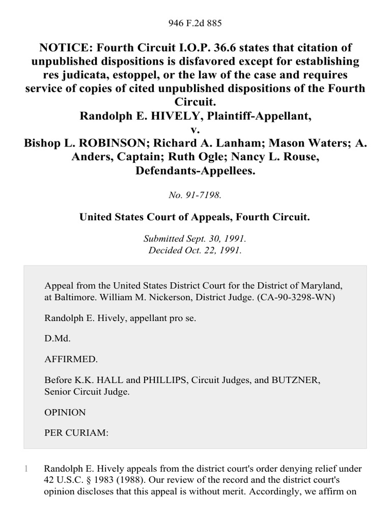Randolph E. Hively v. Bishop L. Robinson Richard A. Lanham Mason Waters ...