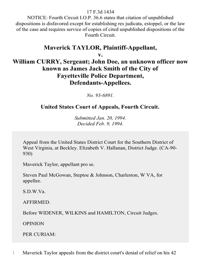 Maverick Taylor v. William Curry, Sergeant John Doe, An Unknown Officer ...