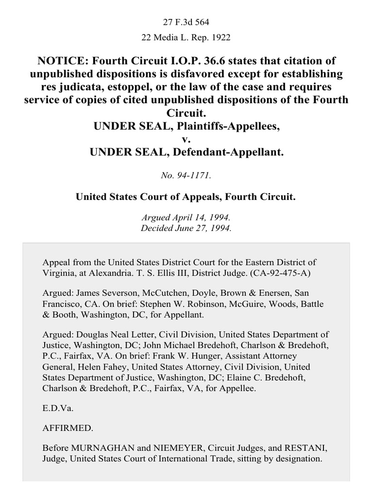 Under Seal v. Under Seal, 27 F.3d 564, 4th Cir. (1994) | PDF | Qui Tam ...