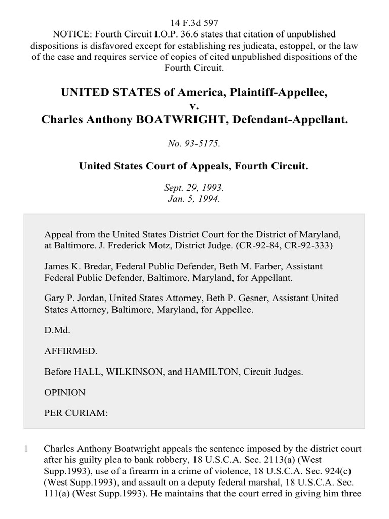 United States v. Charles Anthony Boatwright, 14 F.3d 597, 4th Cir ...