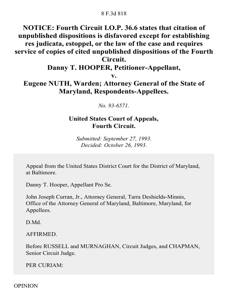 Danny T. Hooper v. Eugene Nuth, Warden Attorney General of The State of ...