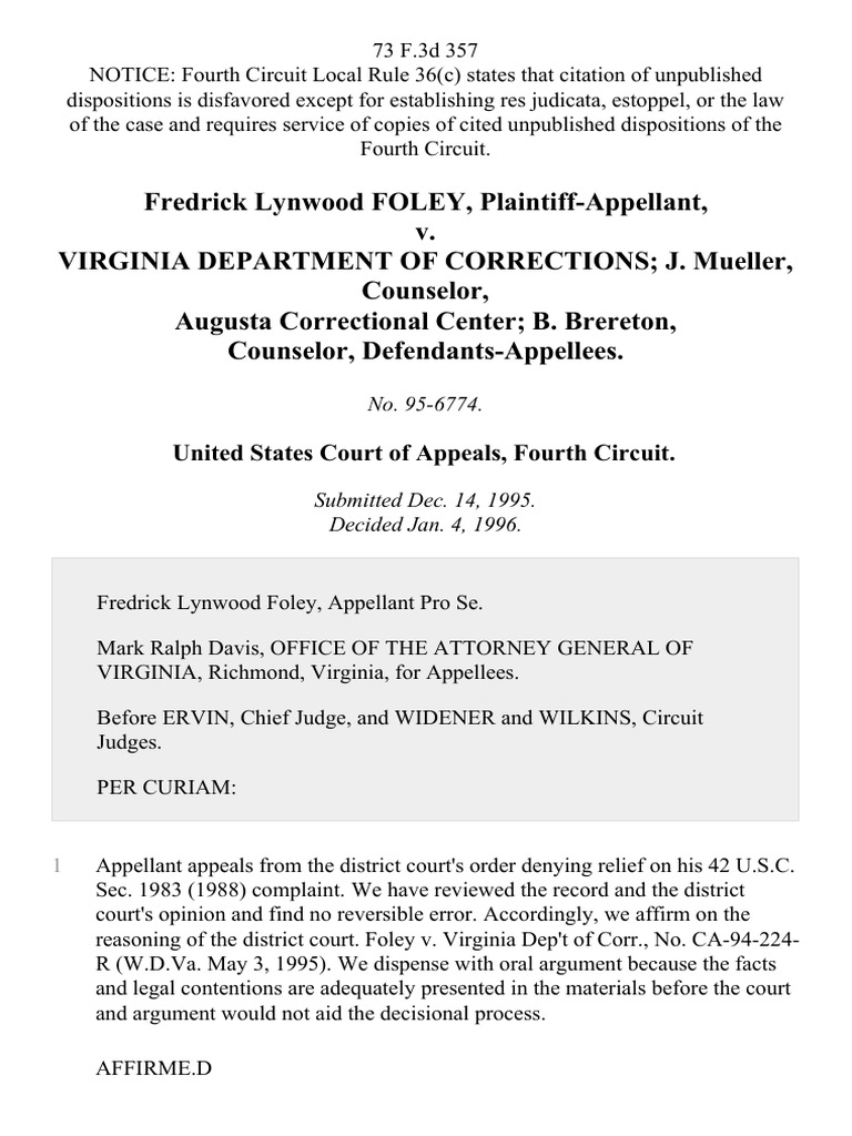 Fredrick Lynwood Foley v. Virginia Department of Corrections J. Mueller ...