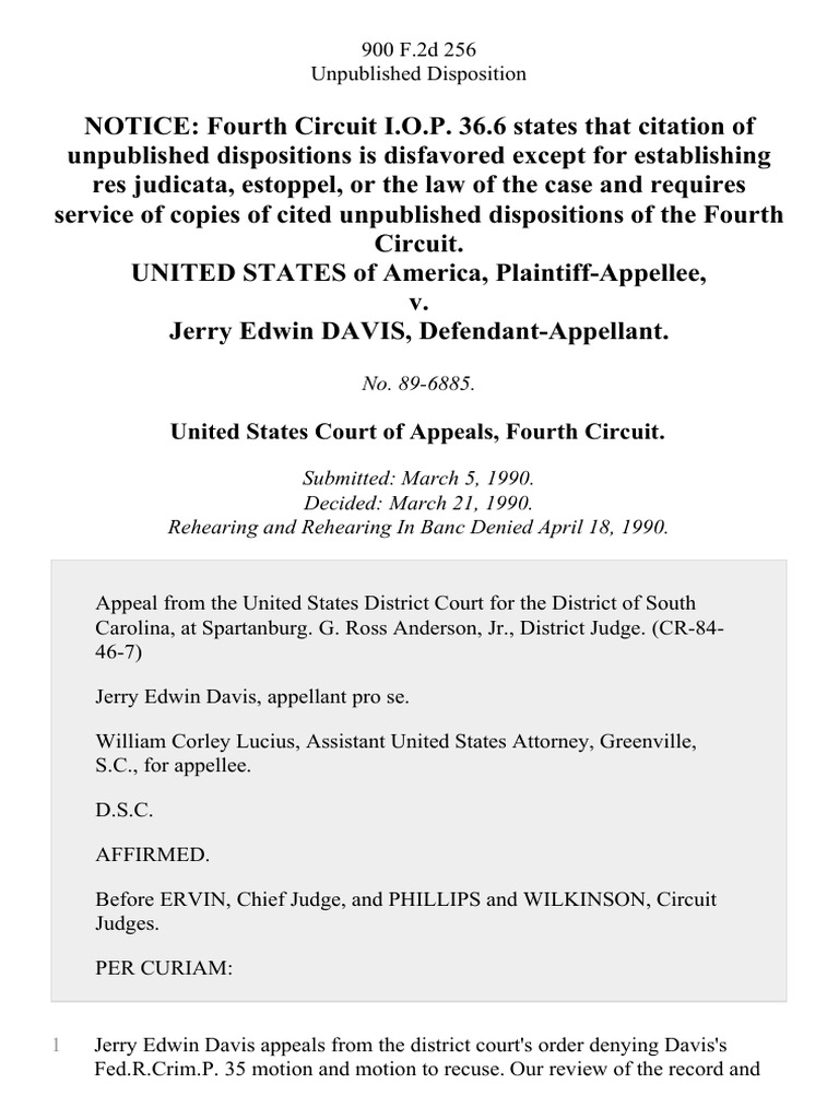 United States v. Jerry Edwin Davis, 900 F.2d 256, 4th Cir. (1990) | PDF