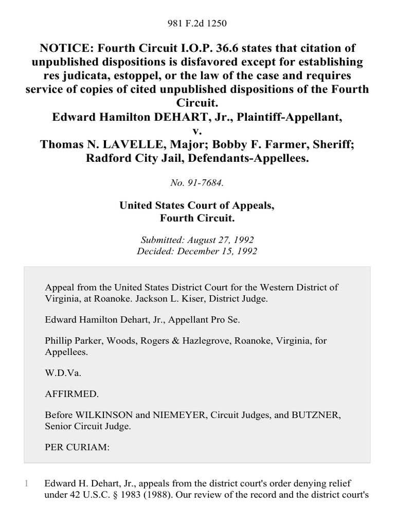 Edward Hamilton Dehart, Jr. v. Thomas N. Lavelle, Major Bobby F. Farmer ...