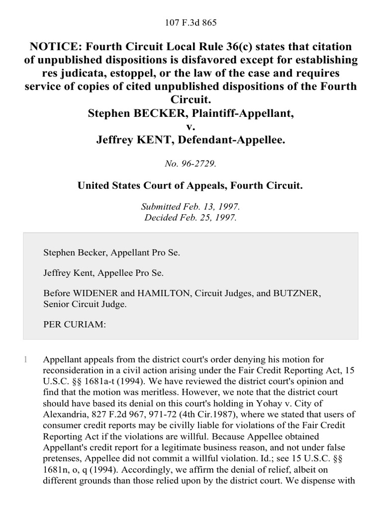 Stephen Becker v. Jeffrey Kent, 107 F.3d 865, 4th Cir. (1997) | PDF