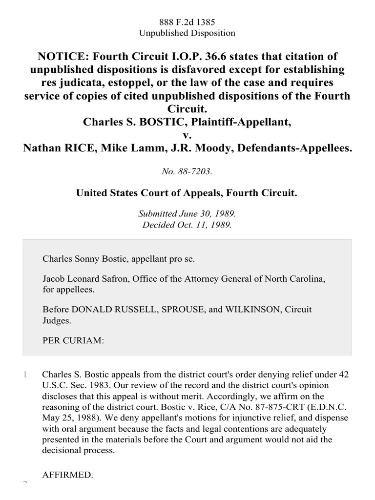 Charles S. Bostic v. Nathan Rice, Mike Lamm, J.R. Moody, 888 F.2d 1385, 4th Cir. (1989) | PDF | Law