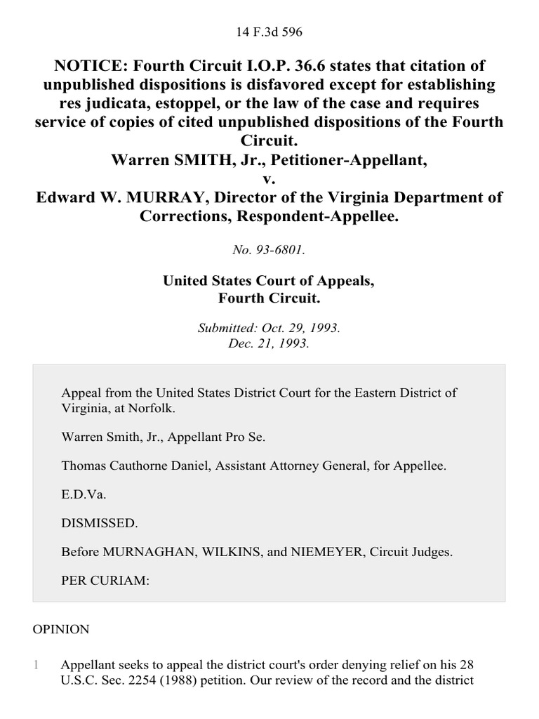 Warren Smith, Jr. v. Edward W. Murray, Director of The Virginia ...