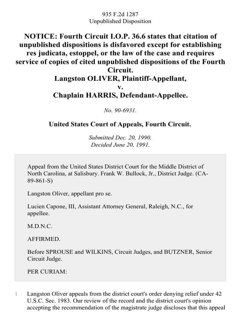 Langston Oliver v. Chaplain Harris, 935 F.2d 1287, 4th Cir. (1991 ...