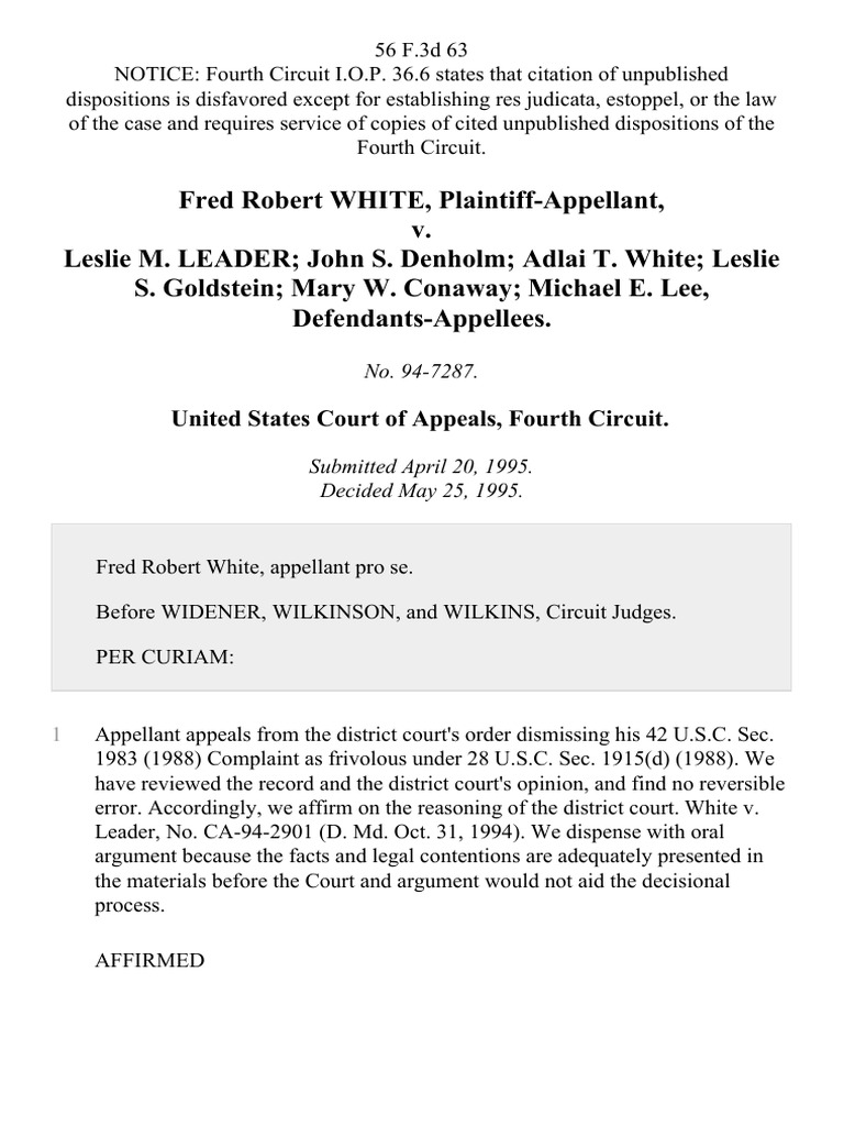 Fred Robert White v. Leslie M. Leader John S. Denholm Adlai T. White ...